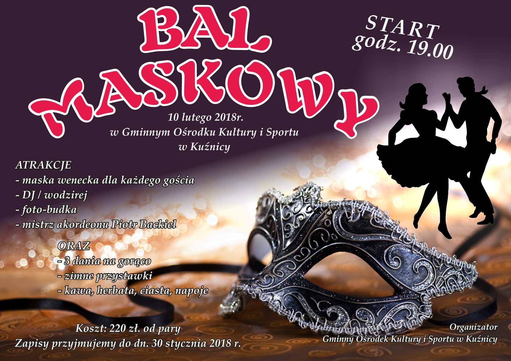 GOKiS w Kuźnicy zaprasza na karnawałowy Bal Maskowy [Plakat]